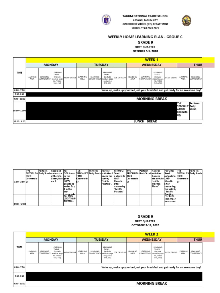 GRADE 9 Work Home Plan | Download Free PDF | Learning Methods ...
