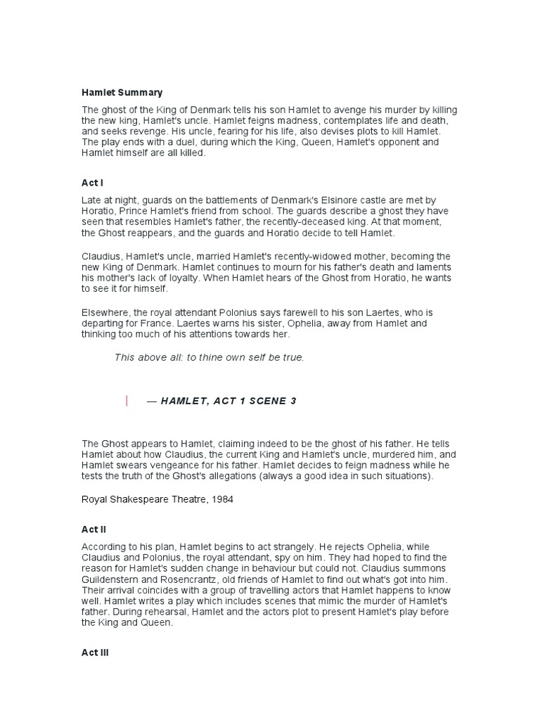 Hamlet Summary: This Above All: To Thine Own Self Be True | PDF | Hamlet | Plays Based On ...