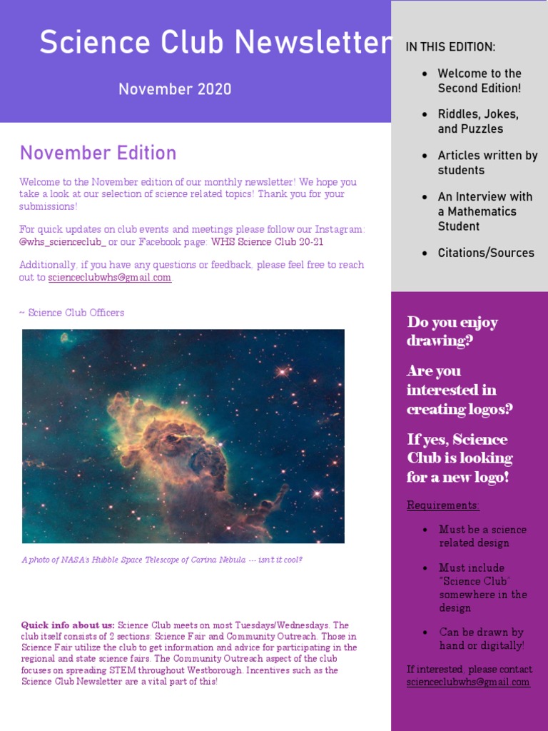 Science Club Newsletter - November 2020 | PDF | Statistics | Adolescence