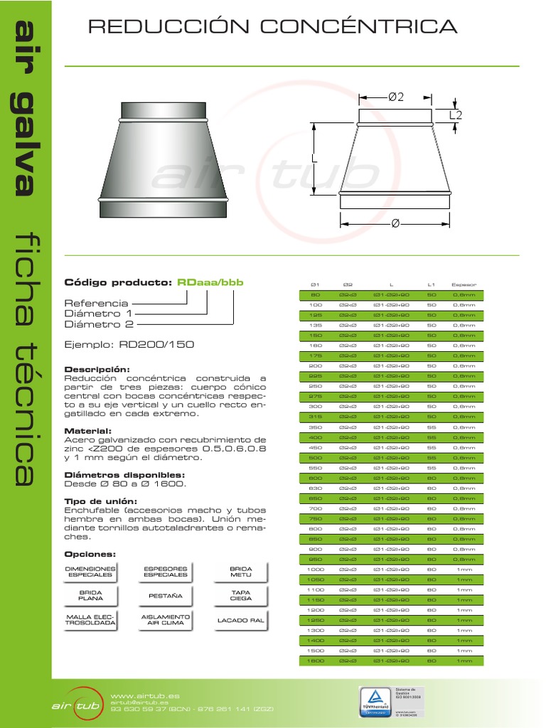 Technical specifications sheet for concentric reducers | PDF