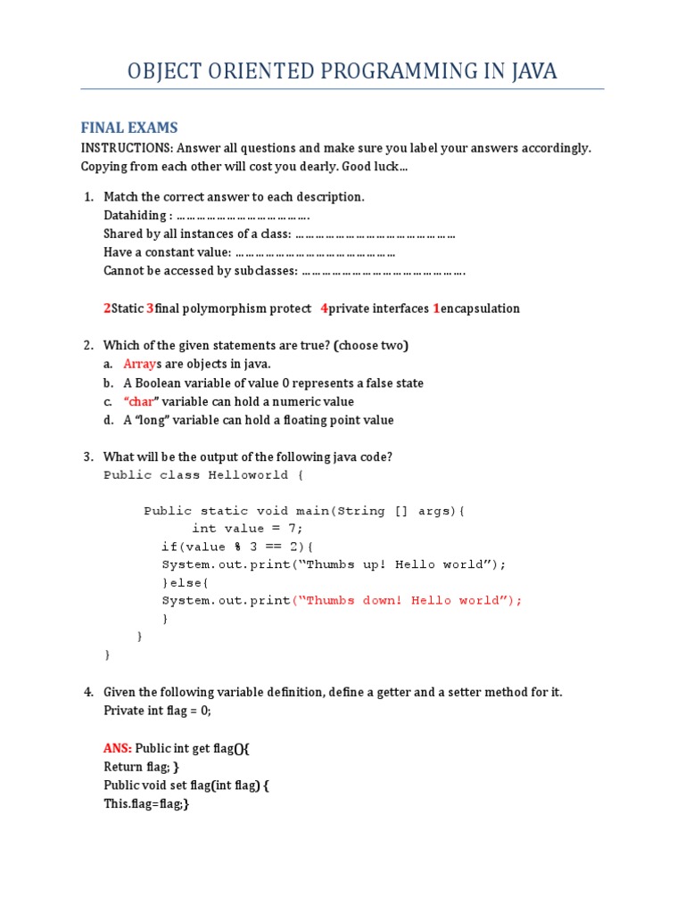 Object Oriented Programming in Java: Final Exams | PDF