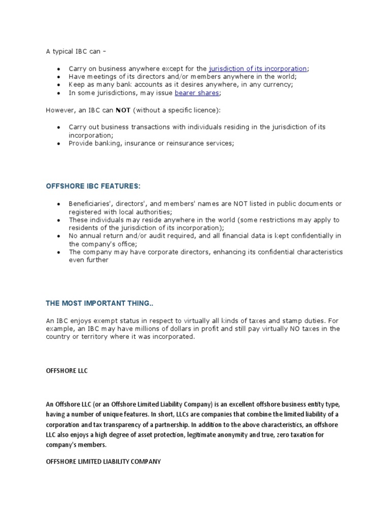 Offshore Ibc Features:: Jurisdiction of Its Incorporation | PDF ...