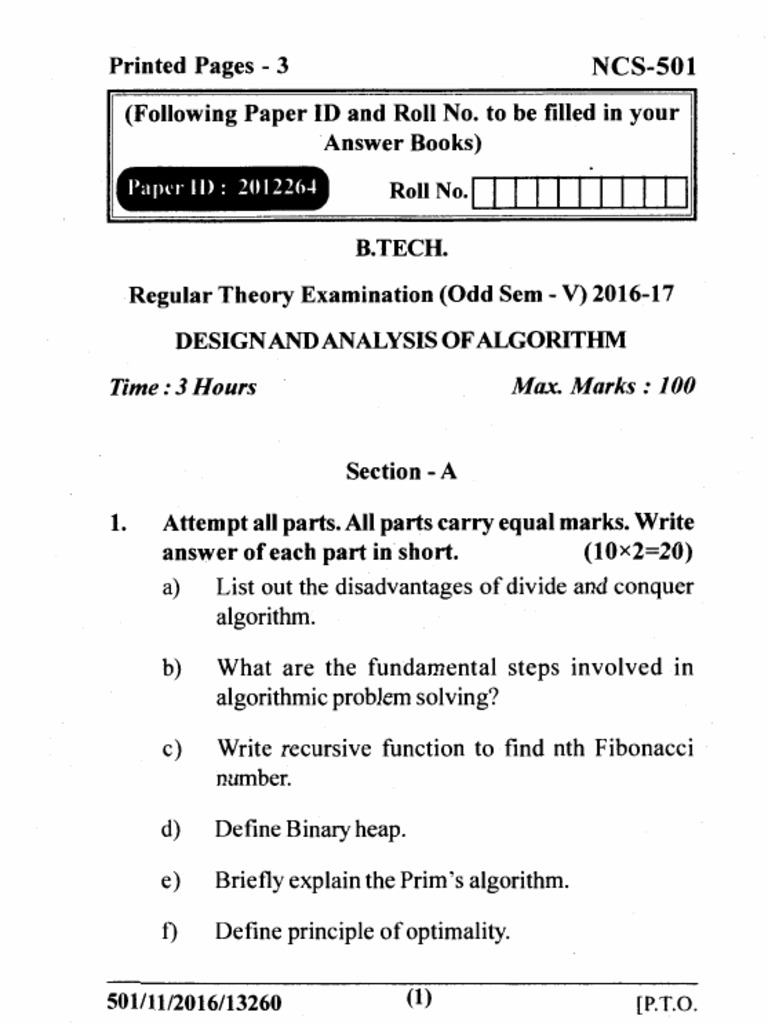 Design and Analysis of Algorithm NCS 501 PDF | PDF