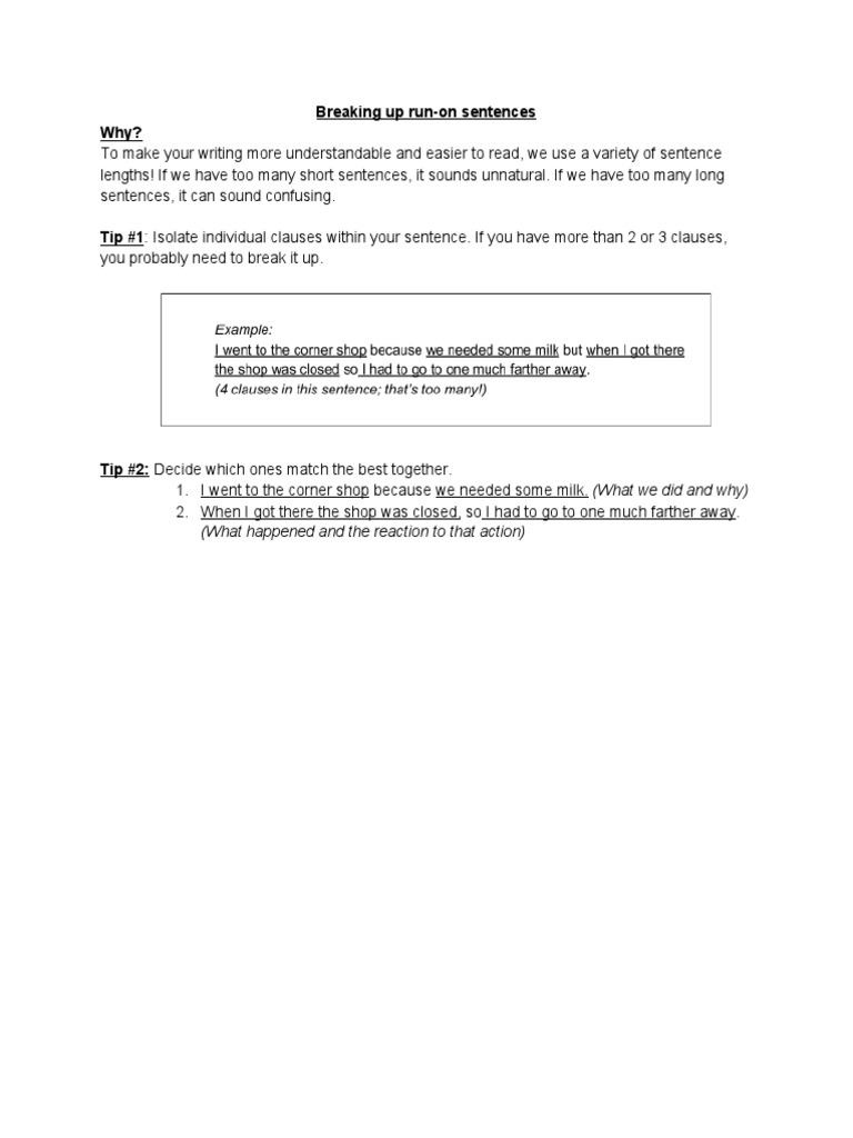 Breaking Up Run-On Sentences Guide | PDF