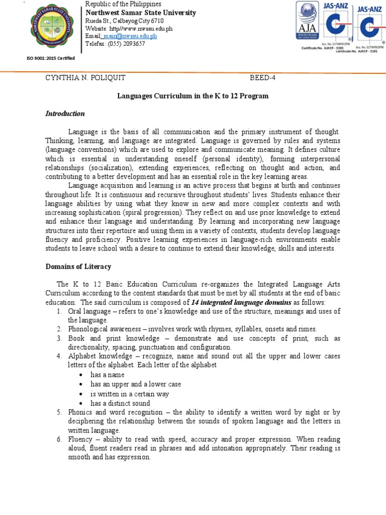 K To 12 Languages Curriculum | PDF | Reading Comprehension | Second ...