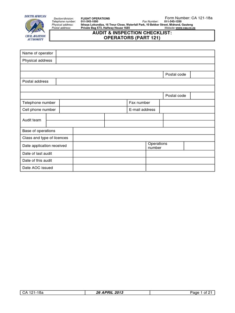 Part 121 Operator Audit Checklist | PDF | Audit | Safety