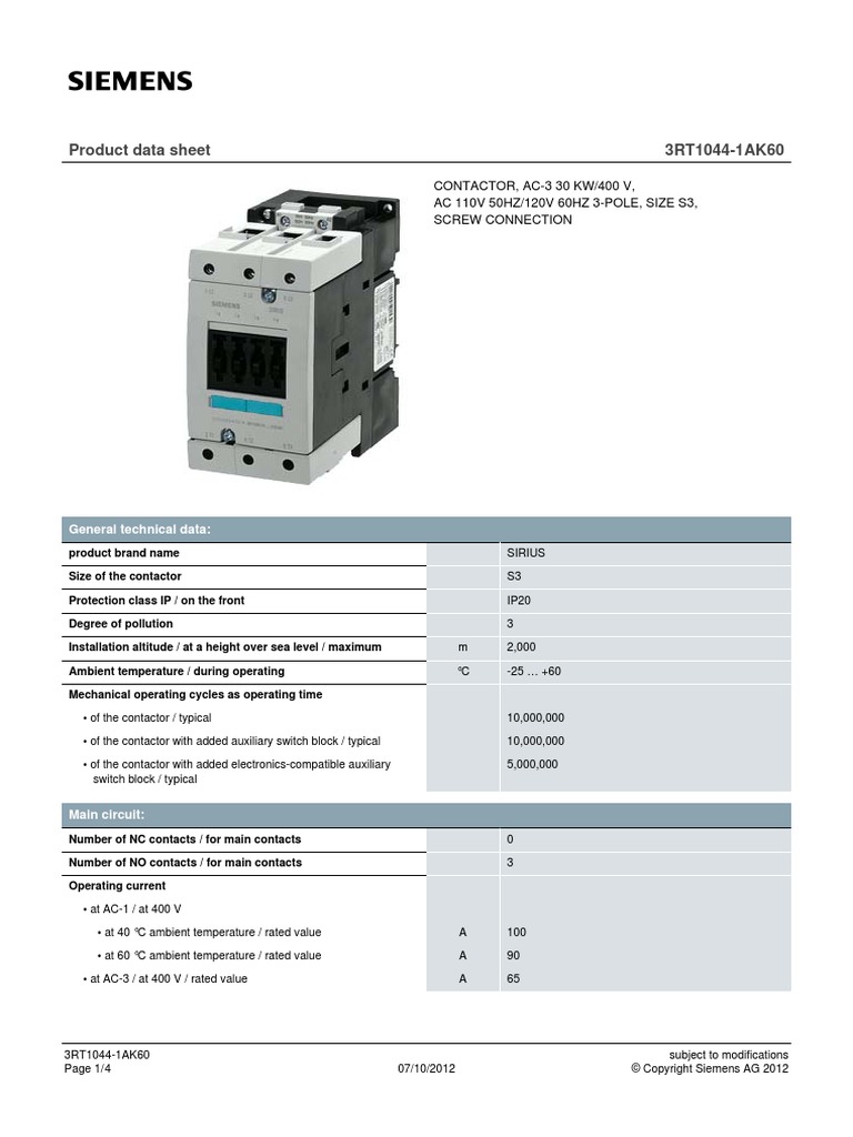 Product Data Sheet 3RT1044-1AK60: CONTACTOR, AC-3 30 KW/400 V, AC 110V ...