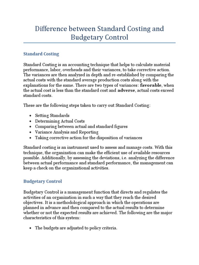 Difference Between Standard Costing and Budgetary Control | PDF ...