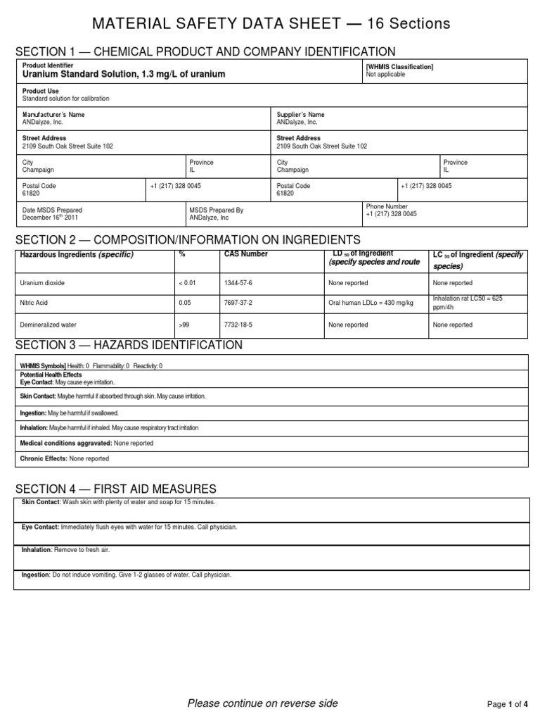 Uranium Standard Solution MSDS | PDF | Dangerous Goods | Prevention