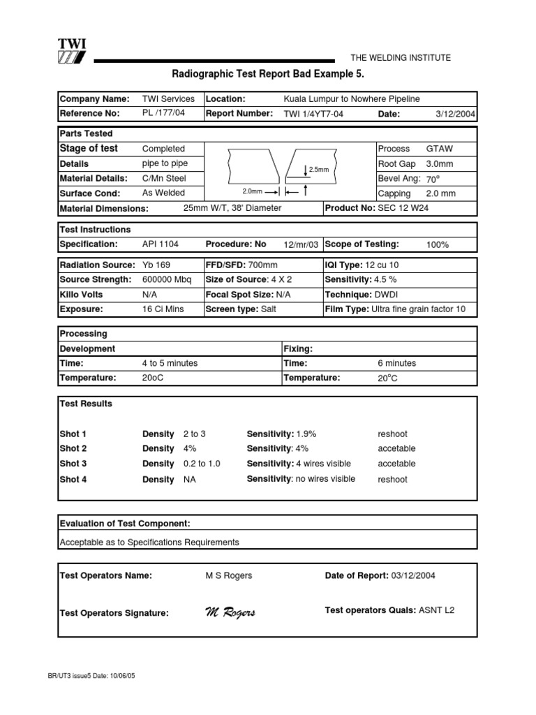 M Rogers: Radiographic Test Report Bad Example 5 | PDF | Pipe (Fluid ...