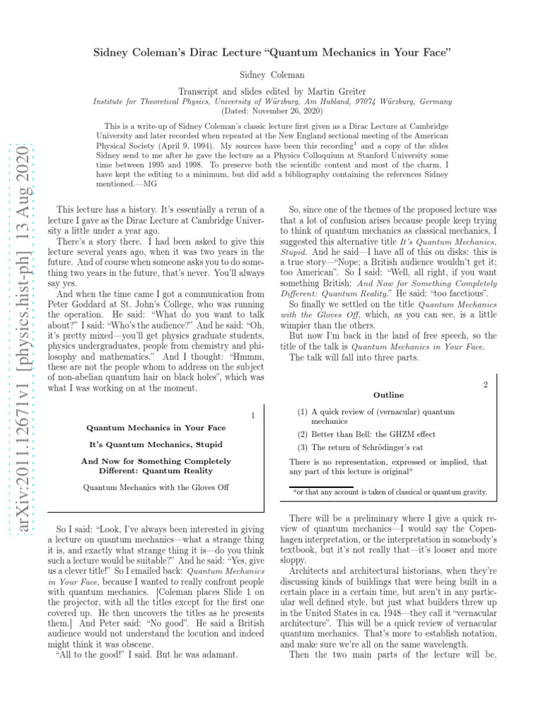 Sidney Coleman's Quantum Mechanics Lecture | PDF | Quantum Mechanics ...
