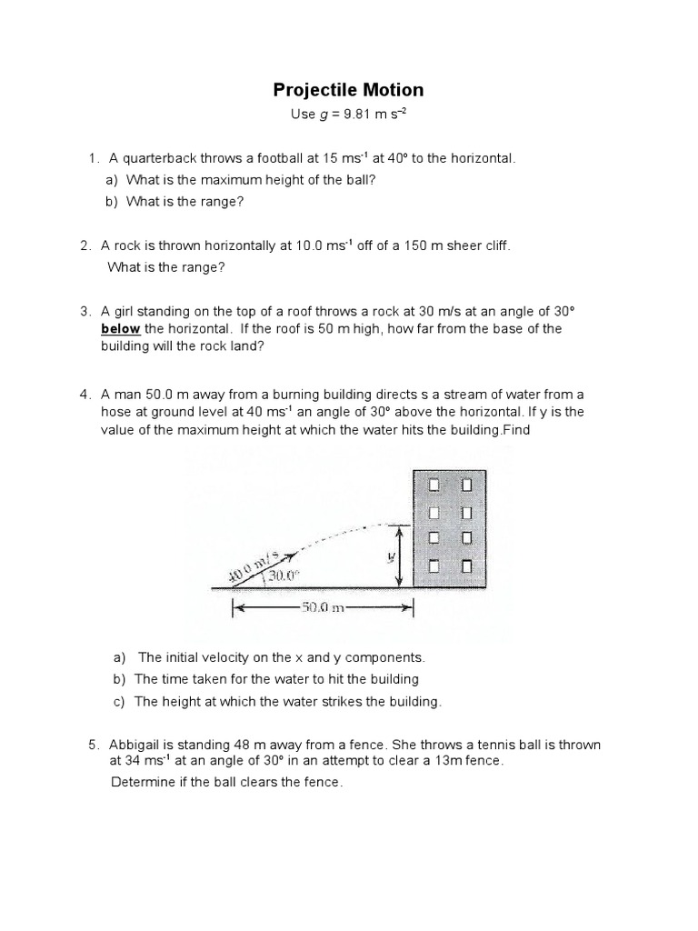 Projectile Motion Worksheet | PDF
