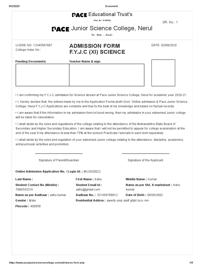 Admission Form - PACE Junior Science CollegeN | PDF | Learning ...