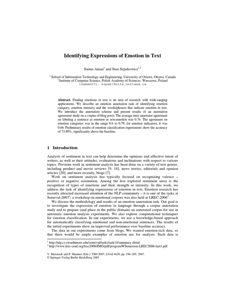 Identifying Expressions of Emotion in Text | PDF | Statistical ...