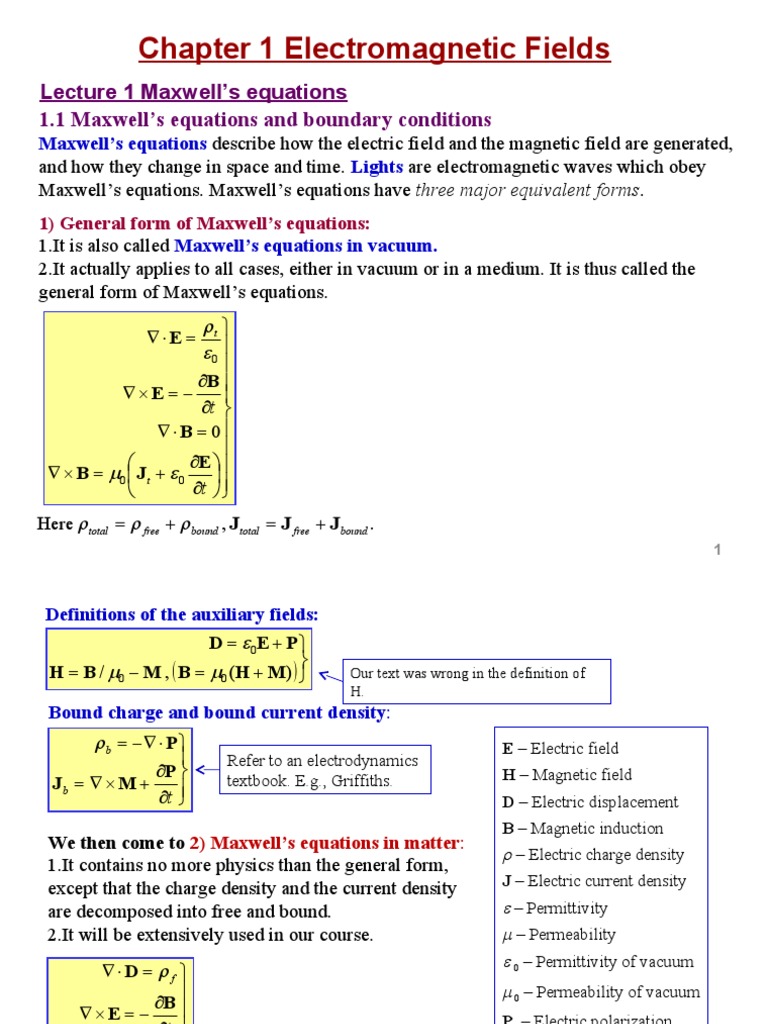 Chapter 1 Electromagnetic Fields: Lecture 1 Maxwell's Equations 1.1 ...