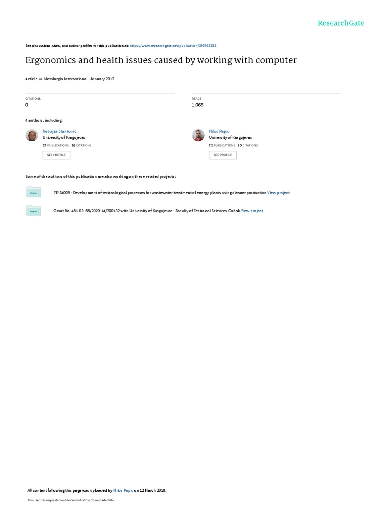 Ergonomics and Health Issues Caused by Working With Computer | PDF ...