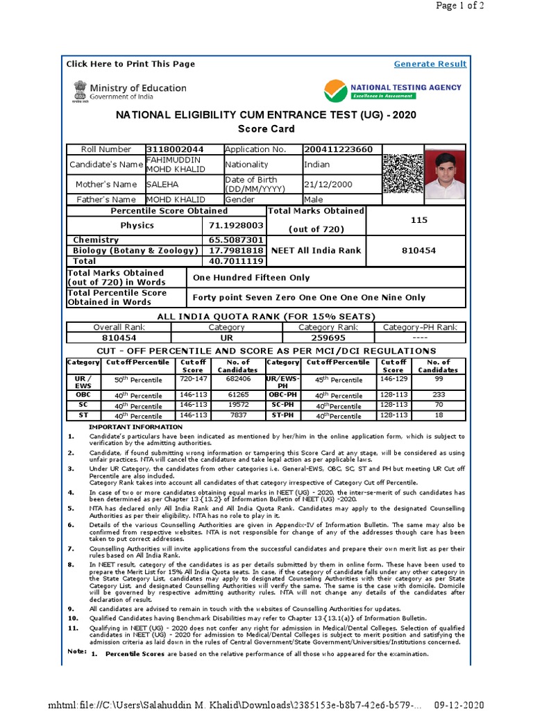 NEET Result 2020 PDF | PDF | Business