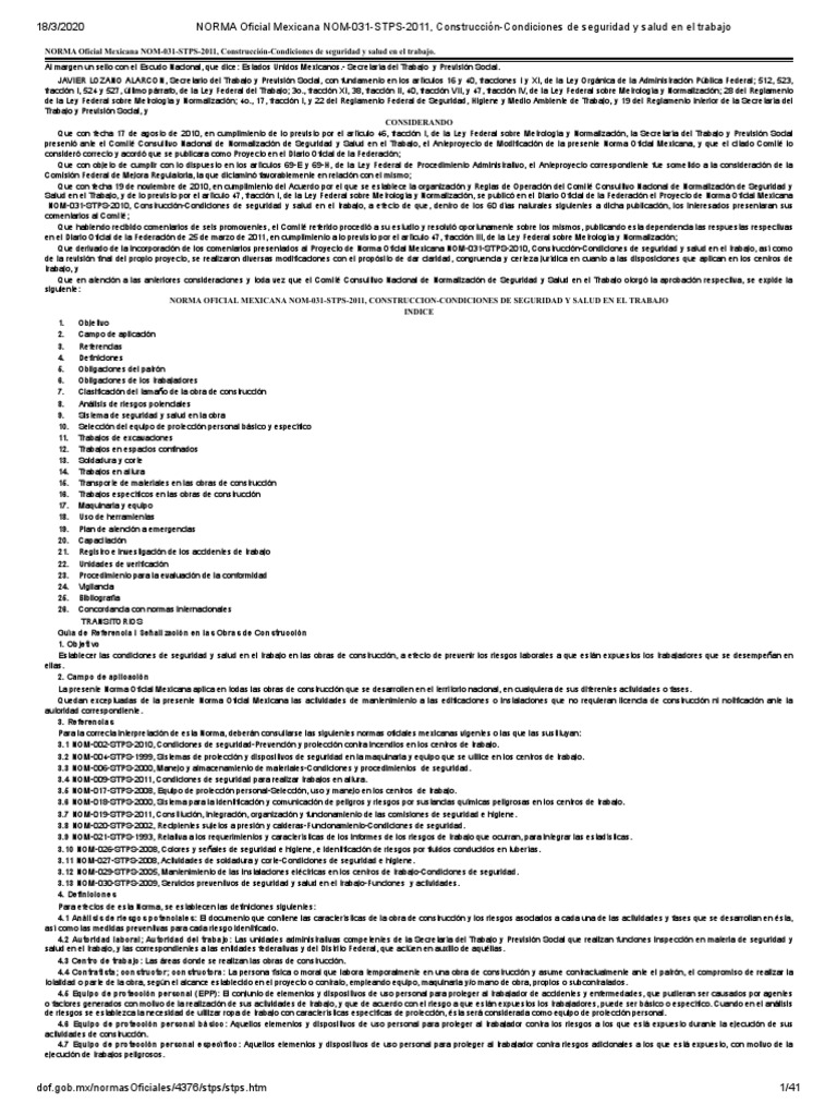 NORMA Oficial Mexicana NOM-031-STPS-2011, Construcción-Condiciones de Seguridad y Salud en El ...