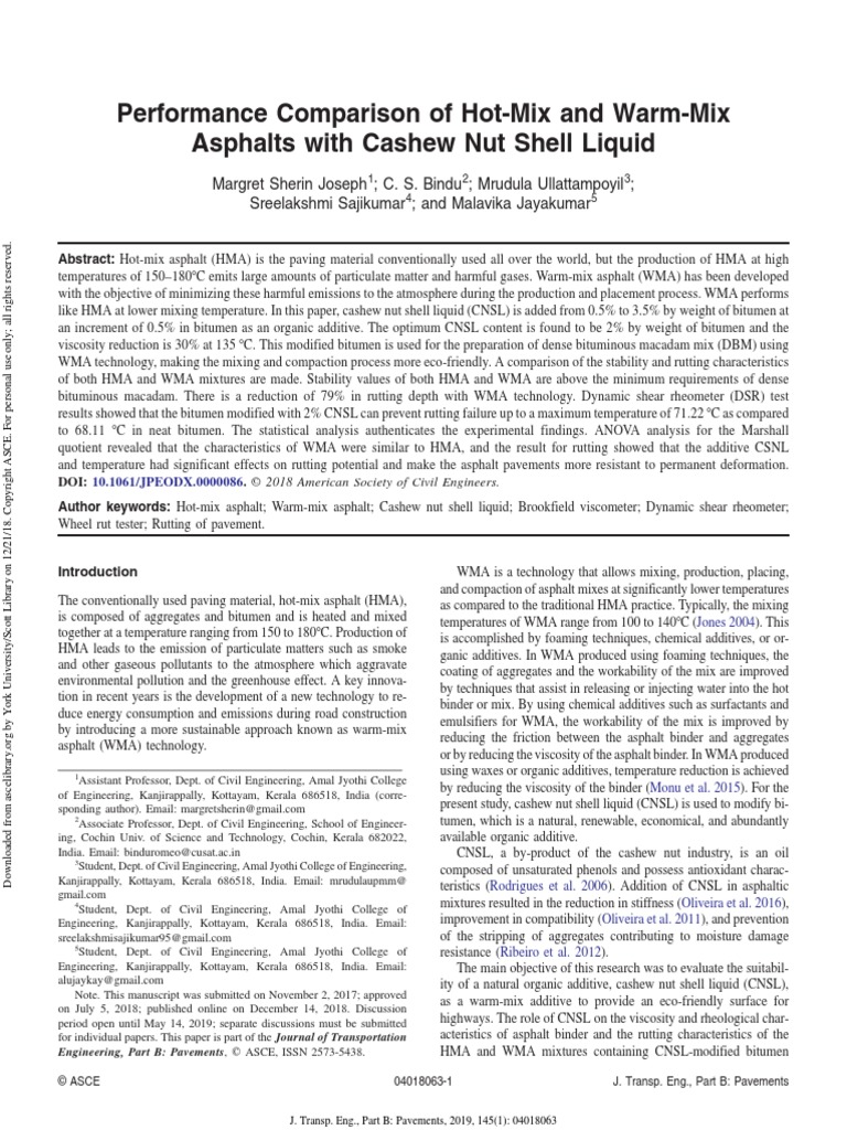 Performance Comparison of Hot-Mix and Warm-Mix Asphalts With Cashew Nut ...