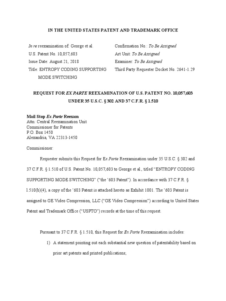 10,057,603 Reexam Request | PDF | Reexamination | Patent