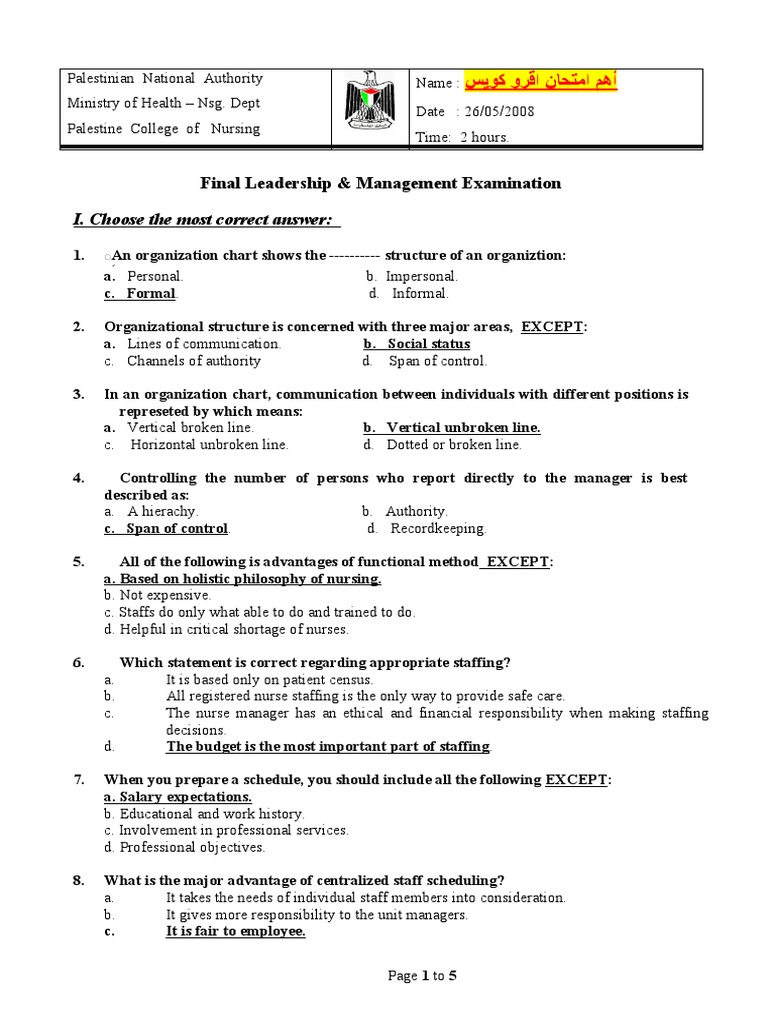 Final Leadership & Management Examination: I. Choose The Most Correct ...