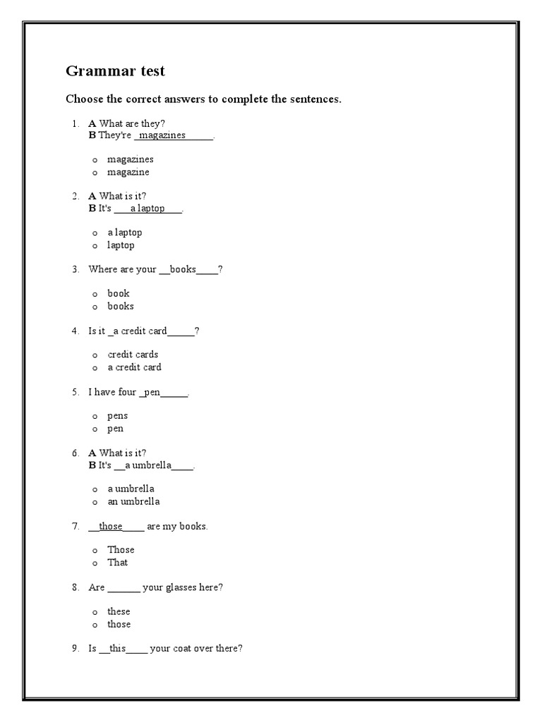Grammar Test: Choose The Correct Answers To Complete The Sentences ...