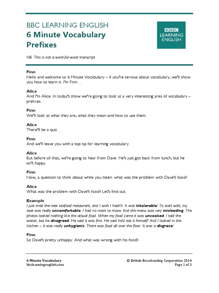 6 Minute Vocabulary Prefixes: BBC Learning English | PDF | Foods ...