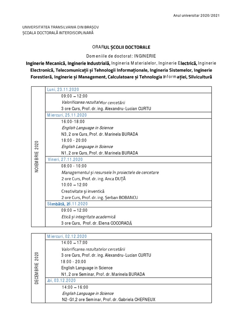 1 - Orar Inginerie 2020-2021 PDF | PDF | Science & Mathematics | Technology & Engineering