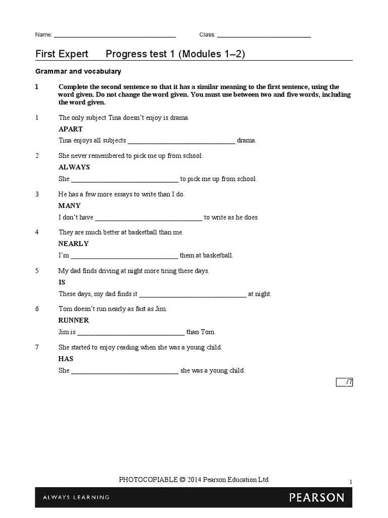 First Expert Progress Test 1 (Modules 1-2) : Name: - Class | PDF
