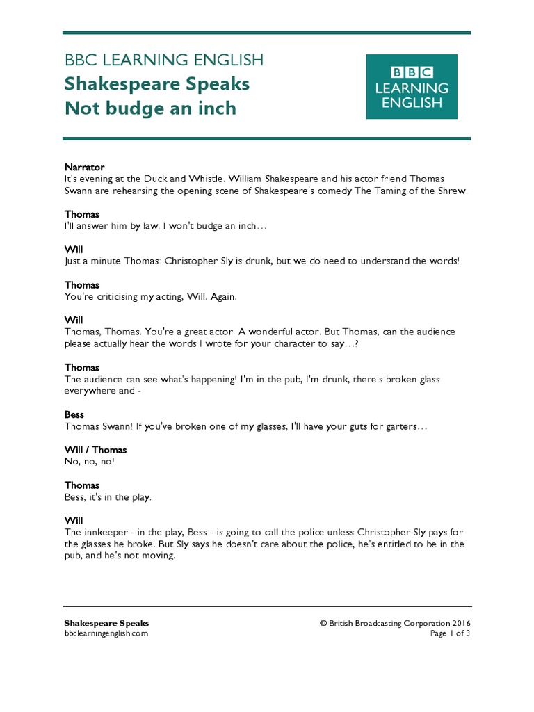 Shakespeare Speaks Not Budge An Inch: BBC Learning English | PDF | The ...