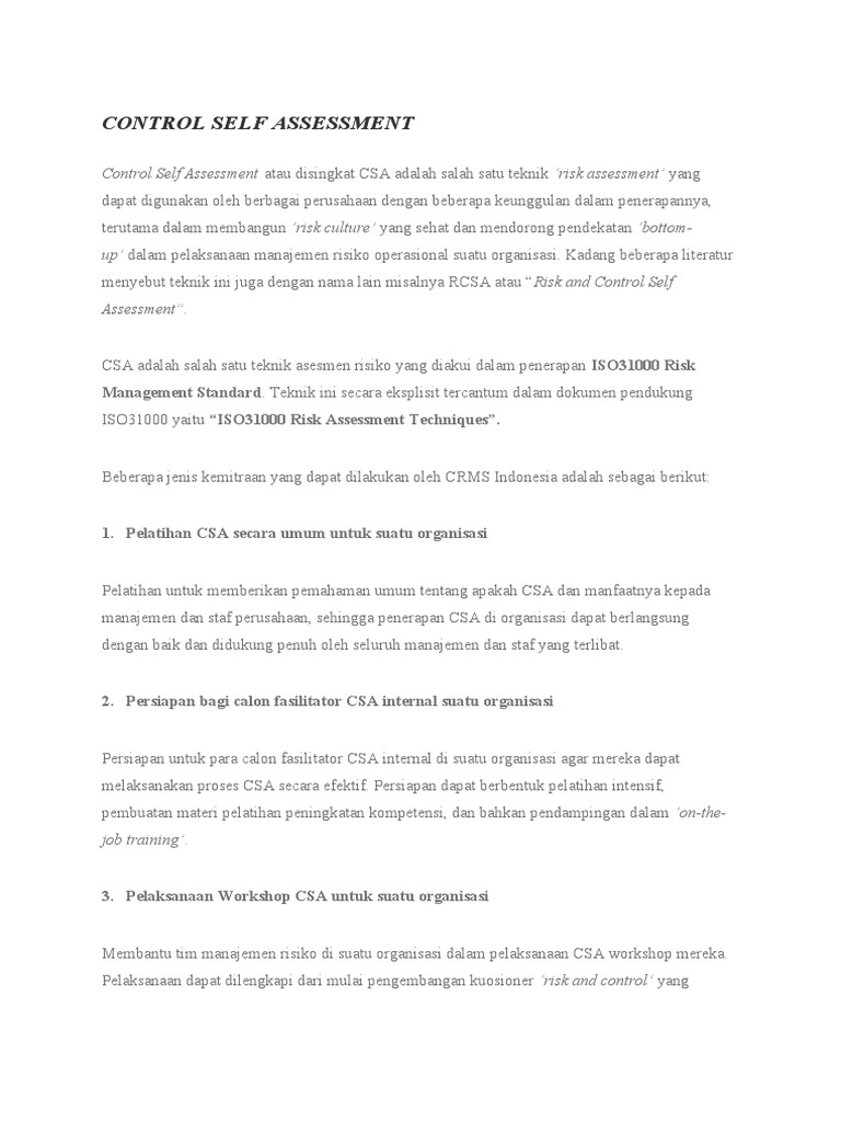 Control Self Assessment: Control Self Assessment Atau Disingkat CSA ...