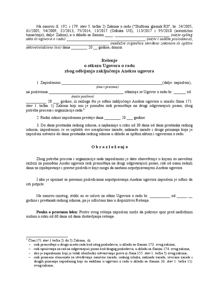 Rešenje o otkazu Ugovora o radu zbog odbijanja zaključenja Аneksa ...