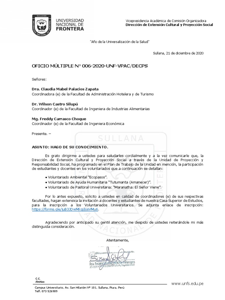 Oficio Múltiple #006-2020 - Hago de Su Conocimiento PDF | PDF | Relaciones personales, crianza y ...