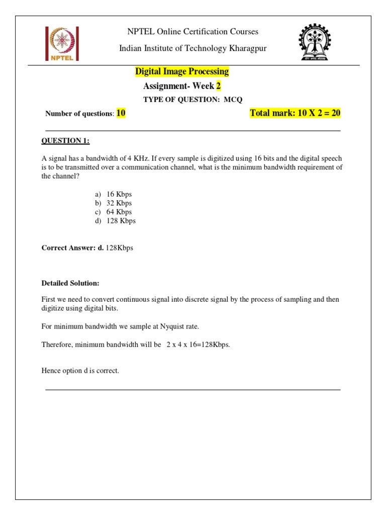 Digital Image Processing Assignment-Week 2: NPTEL Online Certification Courses Indian Institute ...