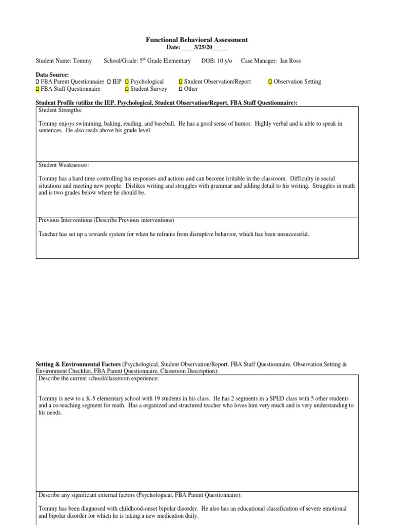 Functional Behavioral Assessment: Date: - 3/25/20 | PDF ...