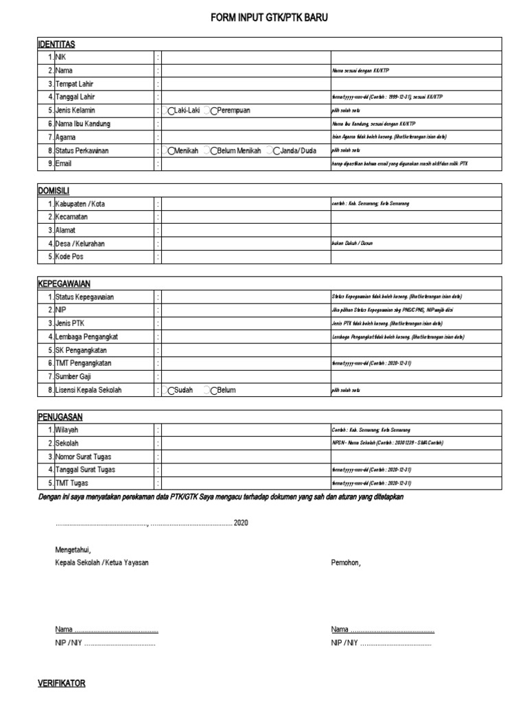 Form Input GTK Dan PTK Baru | PDF