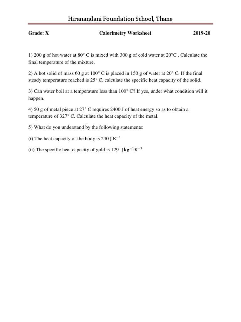 Calorimetry Worksheet Grade X | PDF