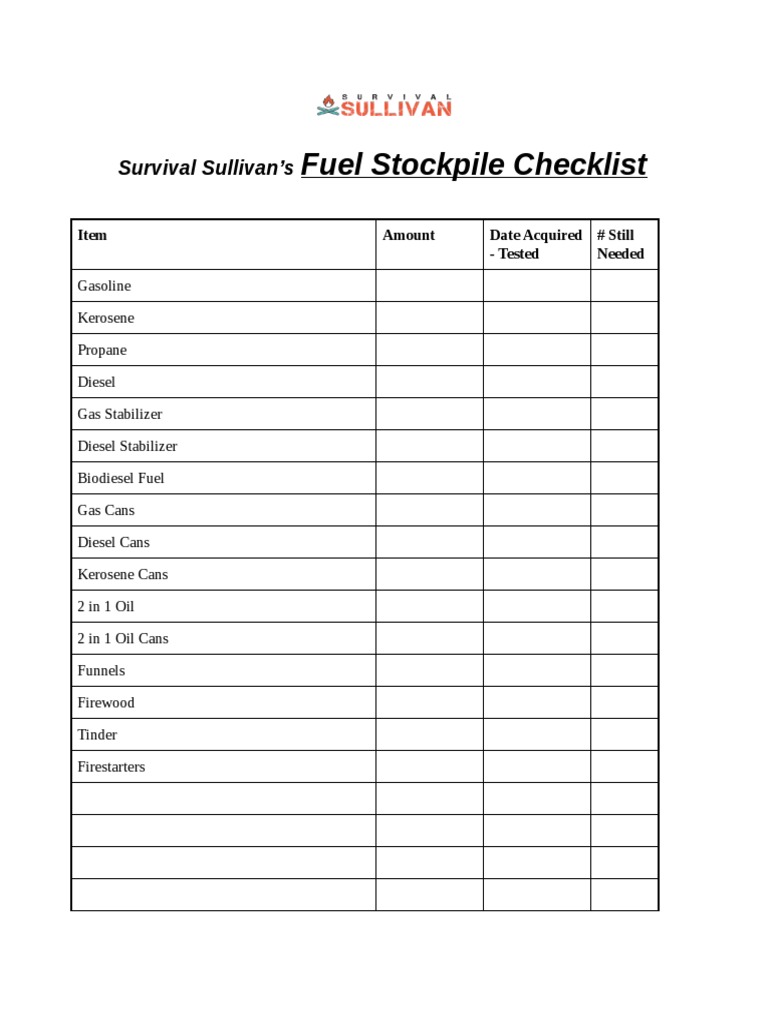 Fuel Stockpile Checklist: Survival Sullivan's | PDF | Cooking, Food ...