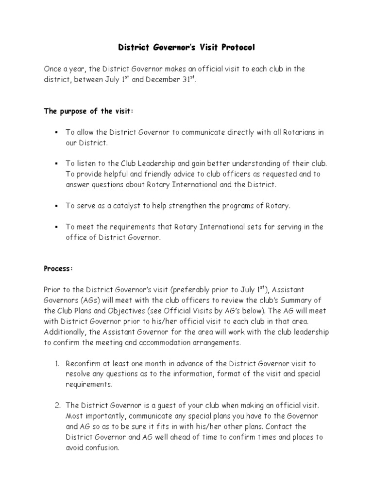 District Governor's Visit Protocol: The Purpose of The Visit | PDF ...