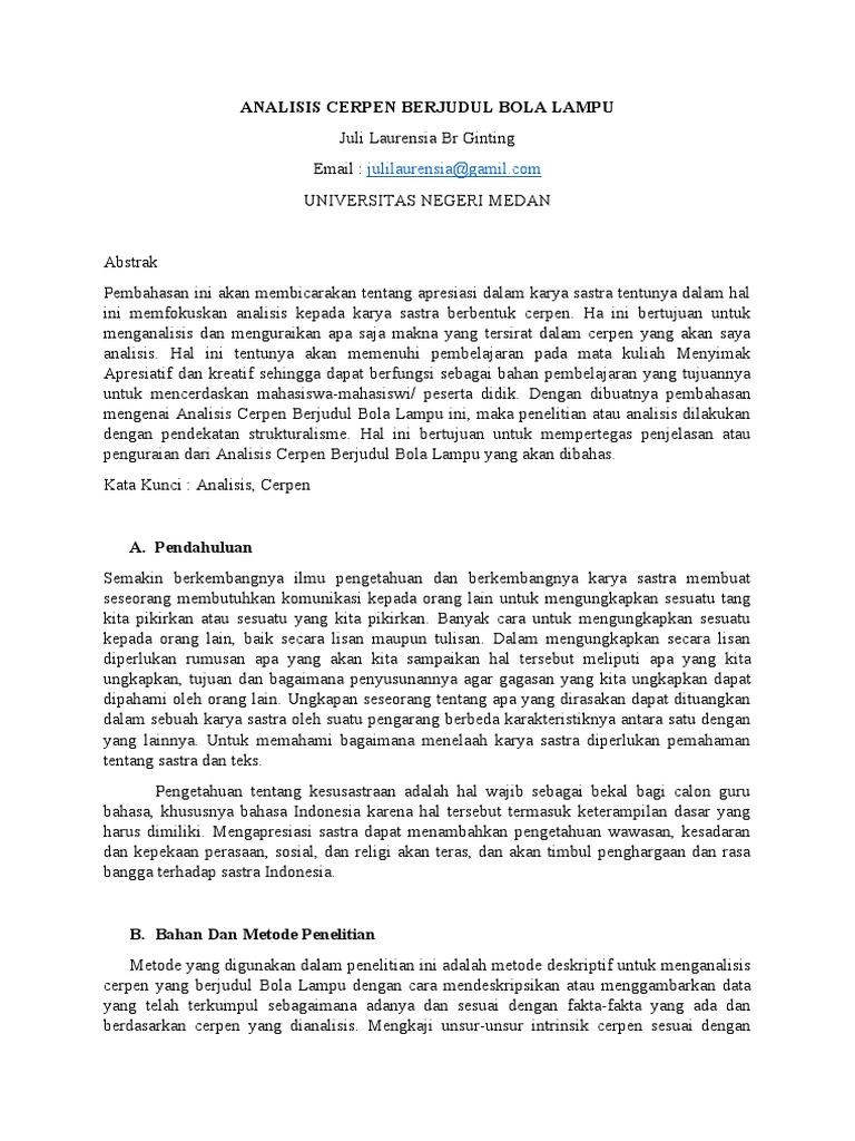 Analisis Cerpen Berjudul Bola Lampu | PDF