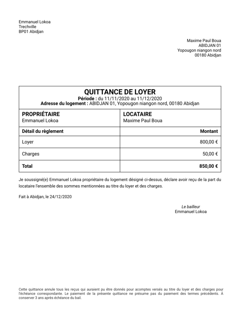 Quittance de Loyer PDF | PDF