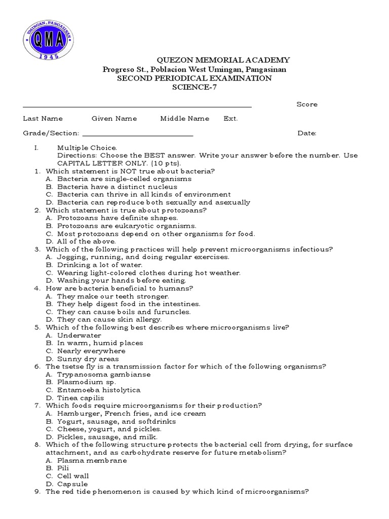 Science 7 Periodical Exam Guide | PDF | Bacteria | Protozoa