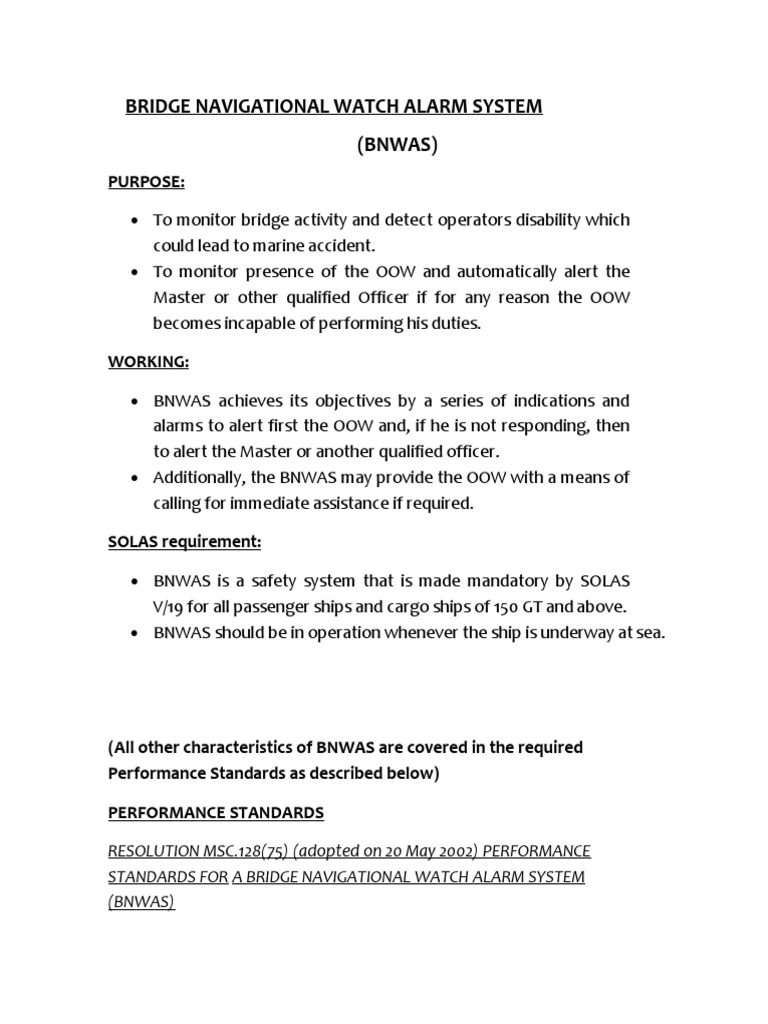 Bridge Navigational Watch Alarm System (Bnwas) : Purpose | PDF