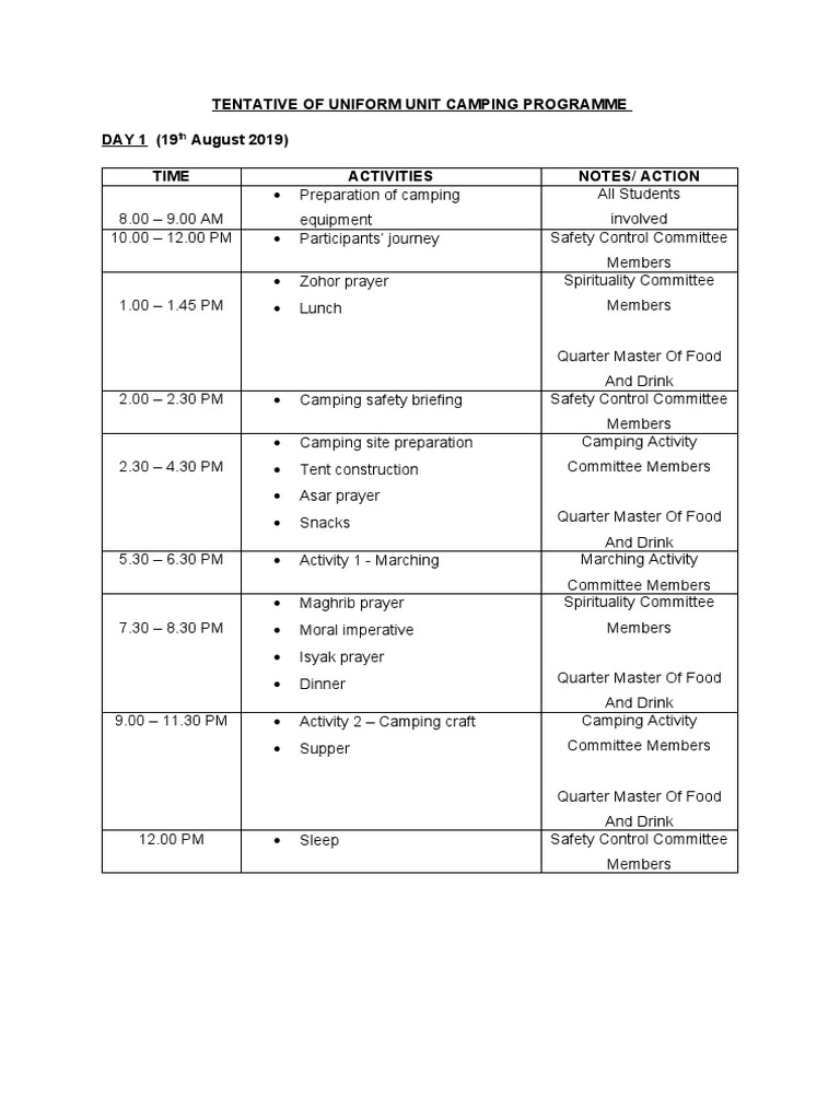 Tentative Schedule and Activities for a Four Day School Camping ...
