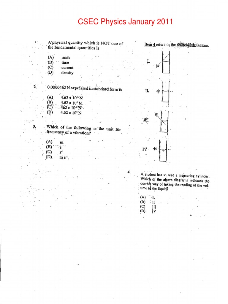 CSEC Physics January 2011 P1 | Download Free PDF | Physics | Physical ...