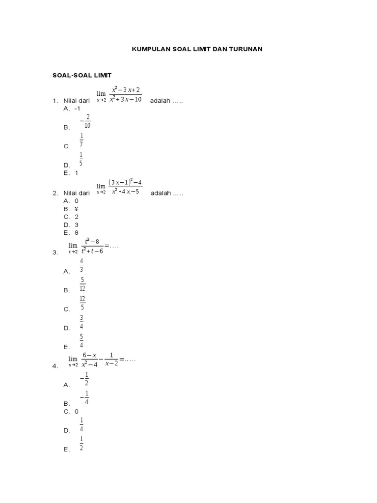 14 SOAL LIMIT DAN TURUNAN (Bu Rum) | PDF