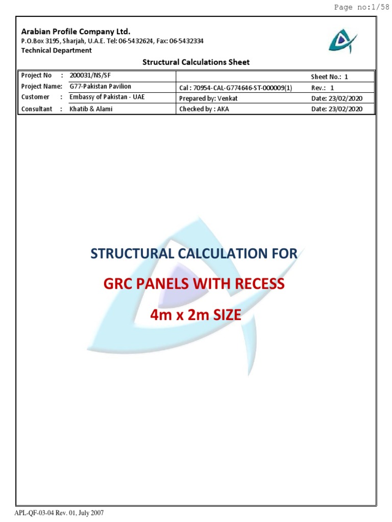 GRC Panel Structural Calculations | PDF | Strength Of Materials | Bending