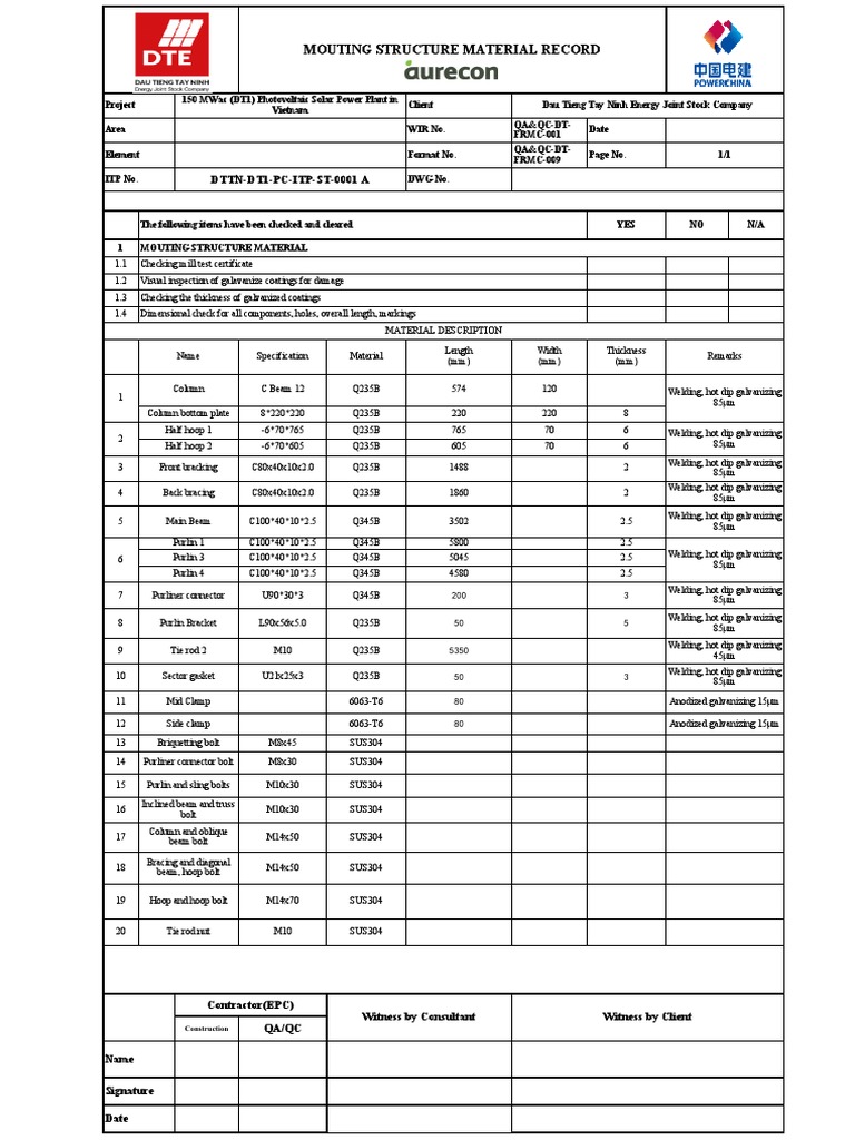 Mounting Structure Material Record | PDF | Building Engineering | Materials