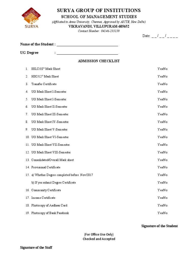 Admission Checklist | PDF | Educational Stages | Business