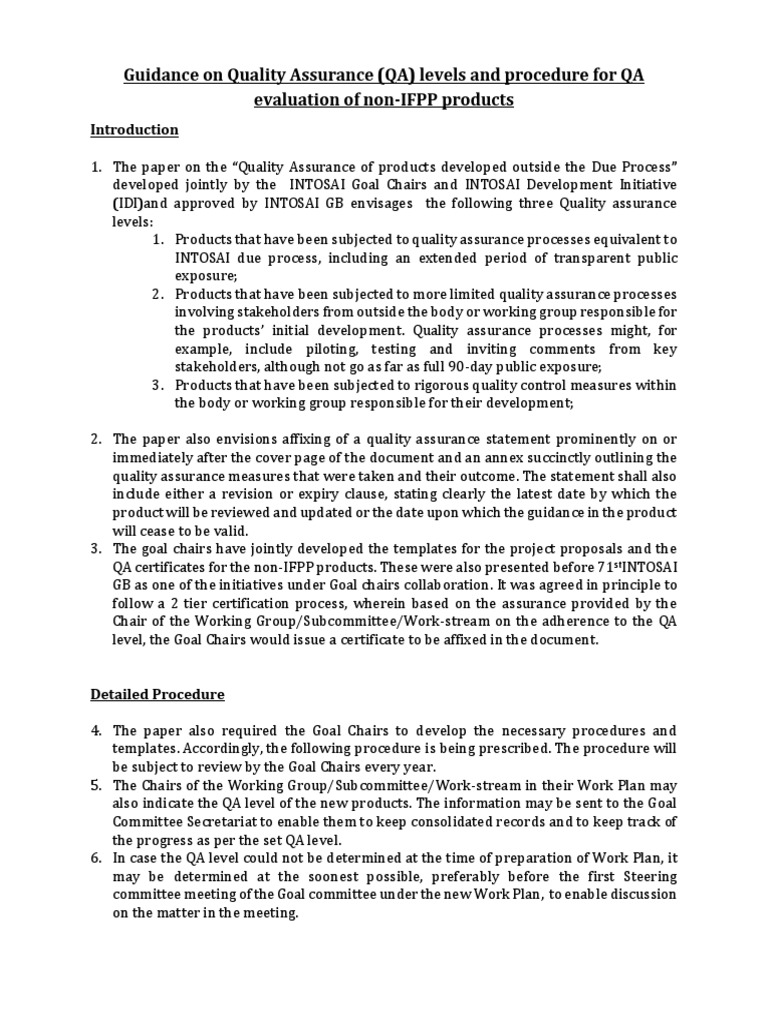 Guidance On Quality Assurance (QA) Levels and Procedure For QA ...
